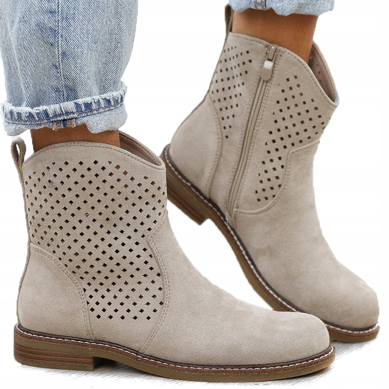 Beżowe botki damskie ażurowe wiosenne skórzana wkładka A2906 r.41 ...