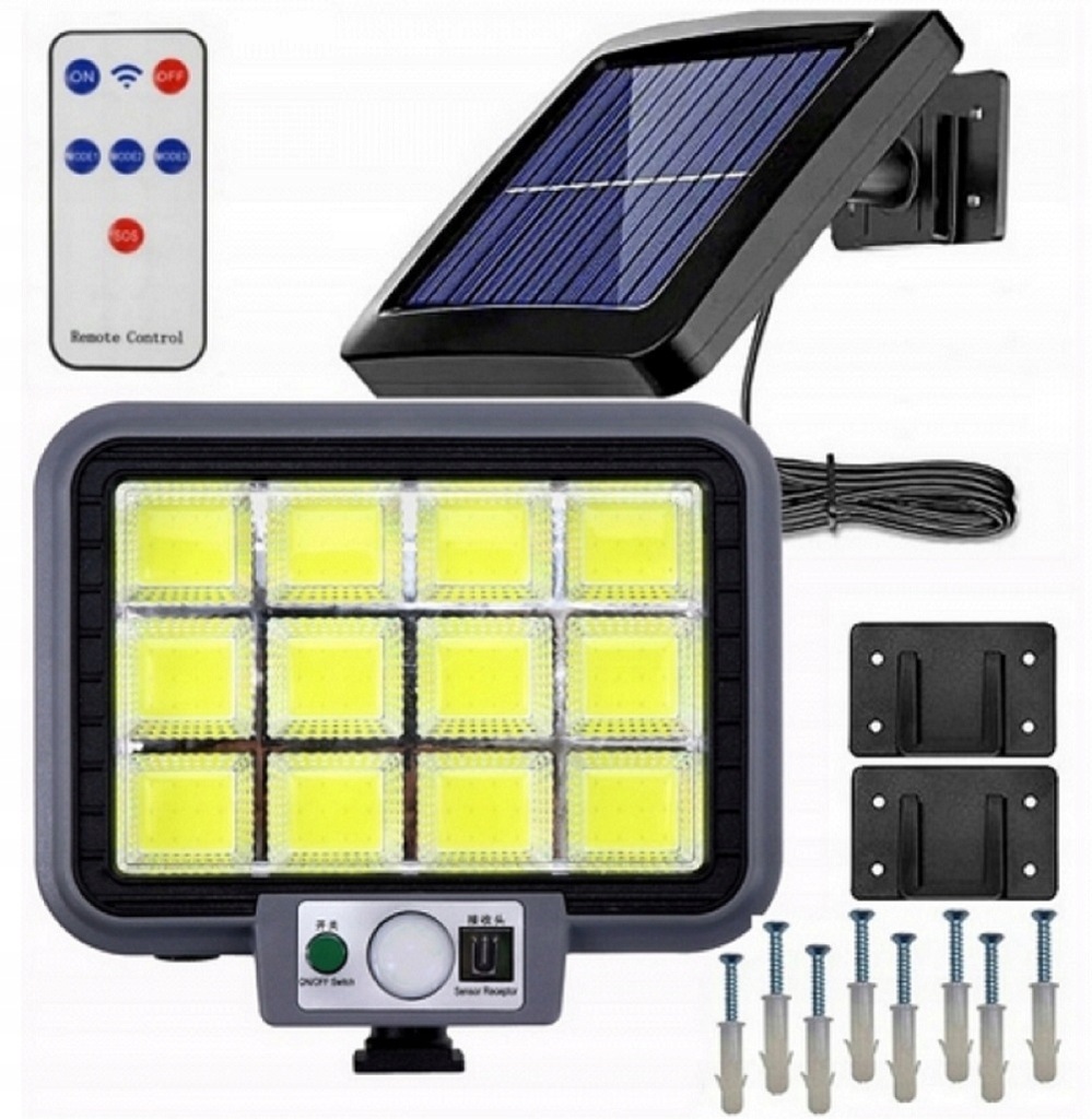 MOCNA LAMPA SOLARNA LED CZUJNIK RUCHU ZMIERZCHU + PILOT - 14780447450 - oficjalne archiwum Allegro