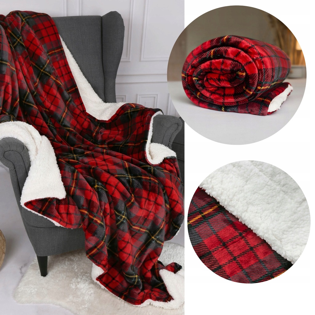 Czerwona narzuta/koc z mikropolaru, świąteczny koc w kratę 150x200 cm - 14913029063 - oficjalne ...