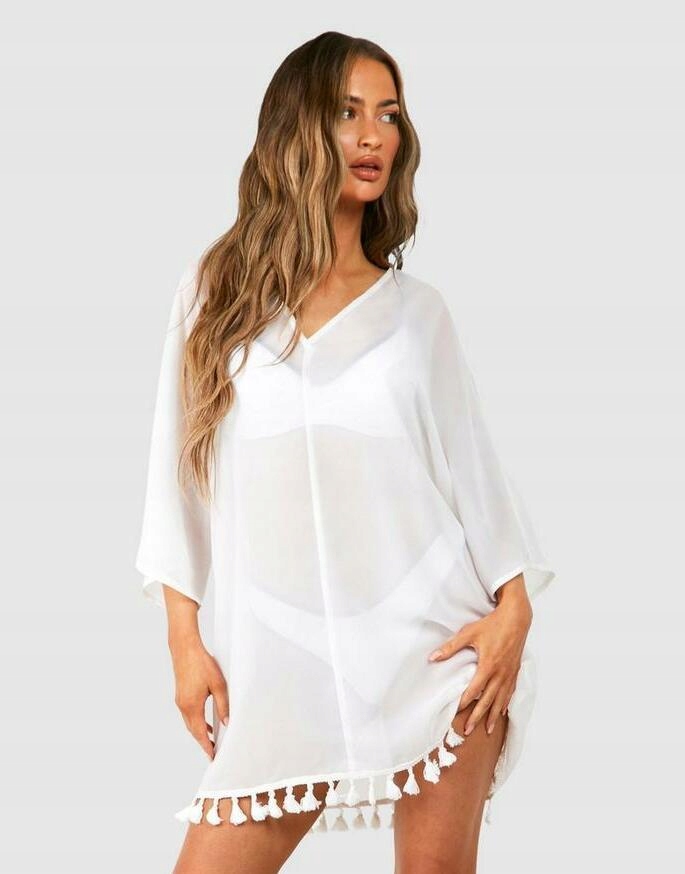 BIAŁA TUNIKA PLAŻOWA MGIEŁKA FRĘDZLE LUŹNA BOOHOO M - 17445015754 - oficjalne archiwum Allegro