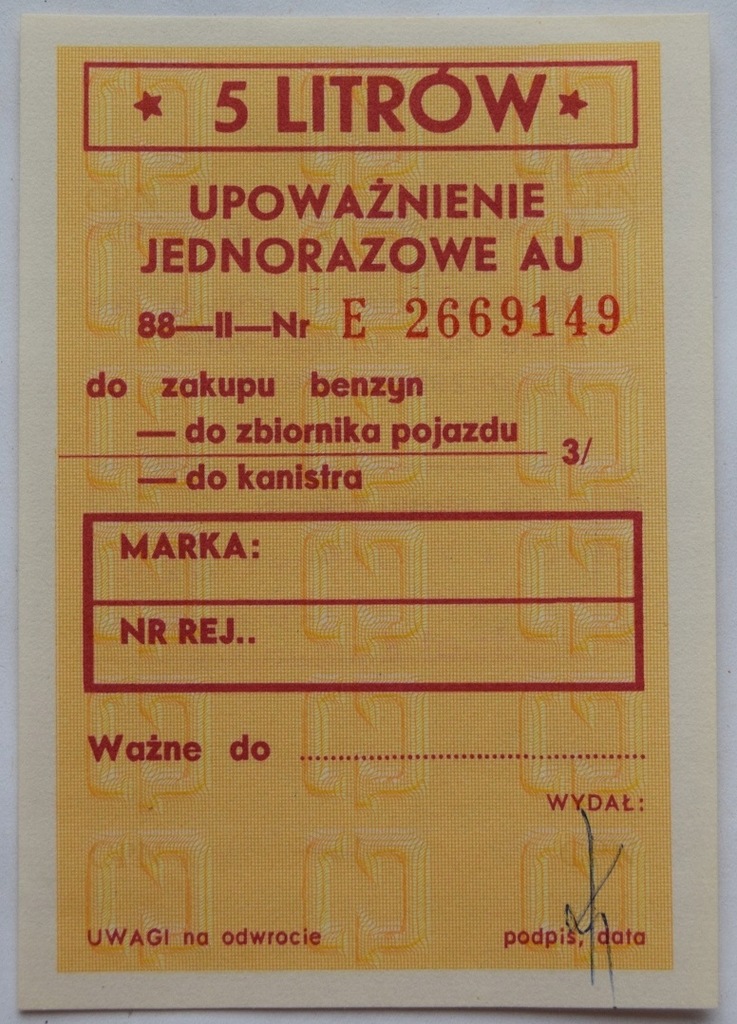 UPOWAŻNIENIE JEDNORAZOWE NA ZAKUP 5 LITRÓW BENZYN - 11796074216 ...