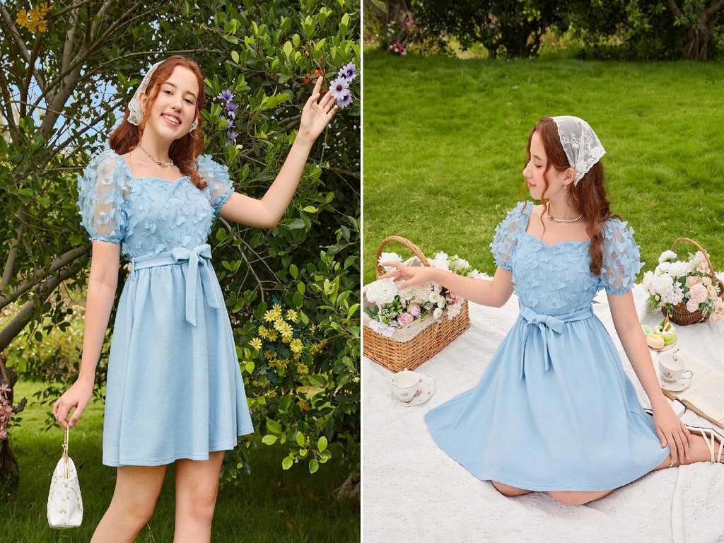 J001B24 SUKIENKA BŁĘKIT MOTYLE PASEK SHEIN 140-146 - 14203651864 - oficjalne archiwum Allegro