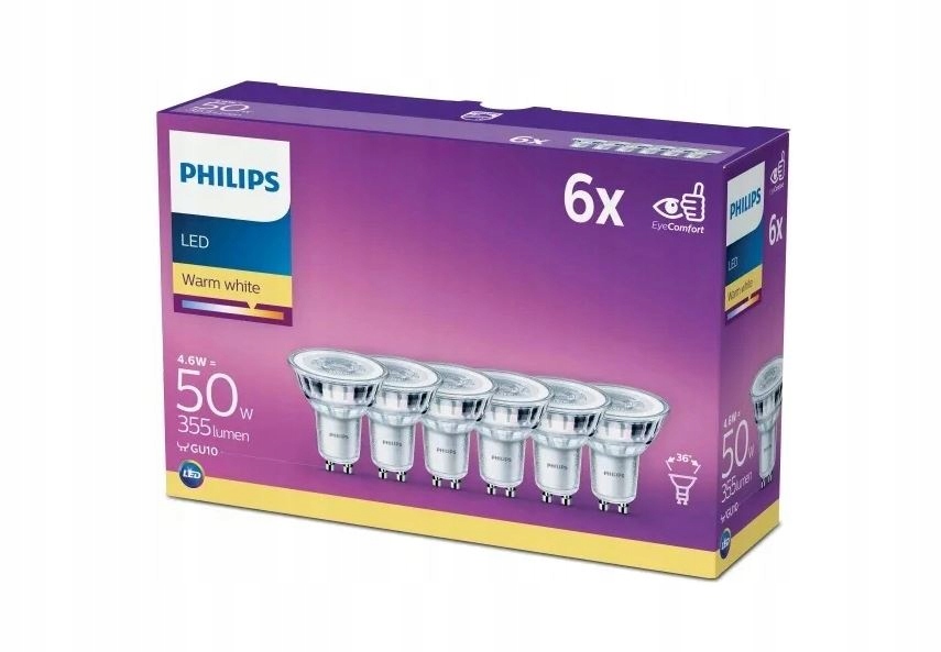 6x Żarówka LED GU10 Philips BARWA CIEPŁA 50W 355lm - 11700454319 - oficjalne archiwum Allegro