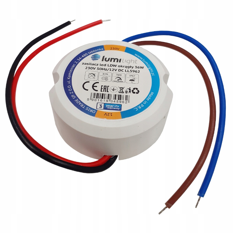 Zasilacz led 12V DC 36W 3A do puszki głębokiej - 13714295007 ...