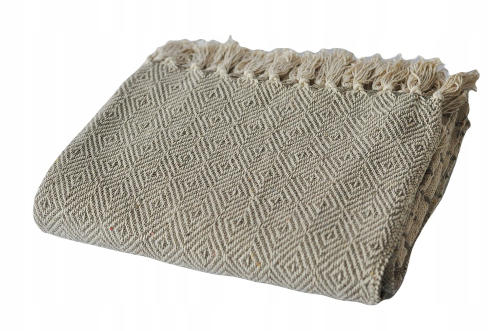 Koc pled bawełniany z frędzlami boho szary ecru - 12697330638 ...