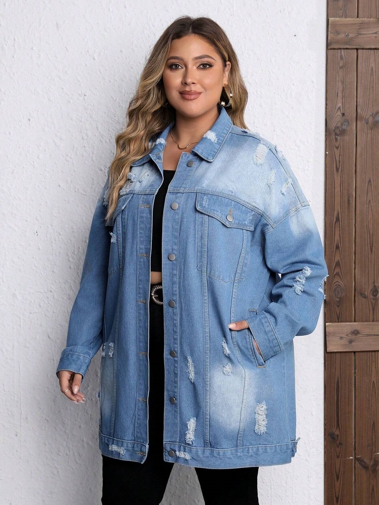 SHEIN LUNE Plus Płaszcz dżinsowy z przetarciami 4XL - 15819834979 - oficjalne archiwum Allegro