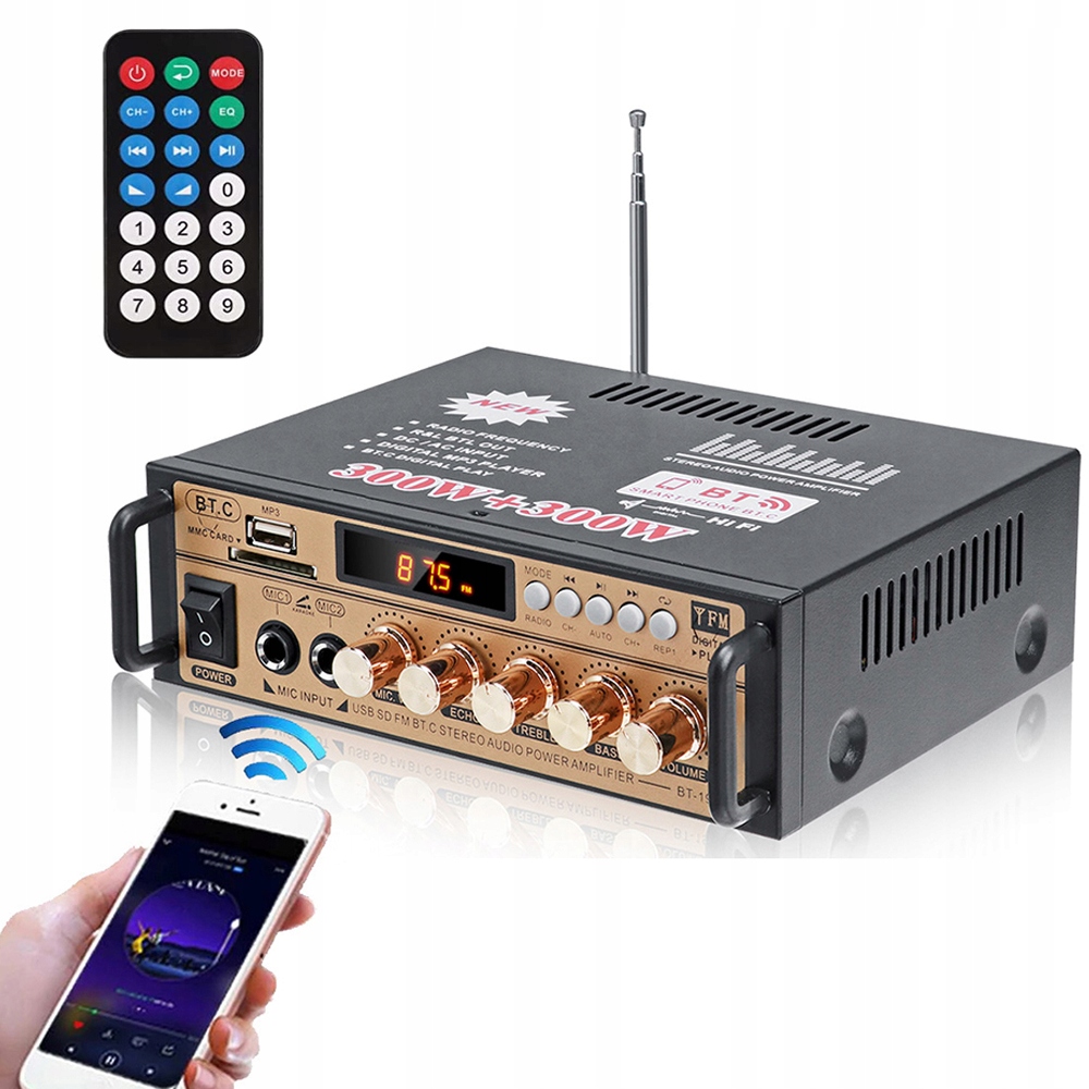 WZMACNIACZ DŹWIĘKU STEREO BLUETOOTH 5.0 Z PILOTEM - 13552438350 - oficjalne archiwum Allegro