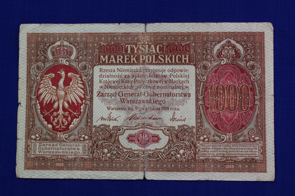 Polski Banknot 1000 MAREK z 1916 roku seria A GENERAŁ GUBERNATORSTWA ...