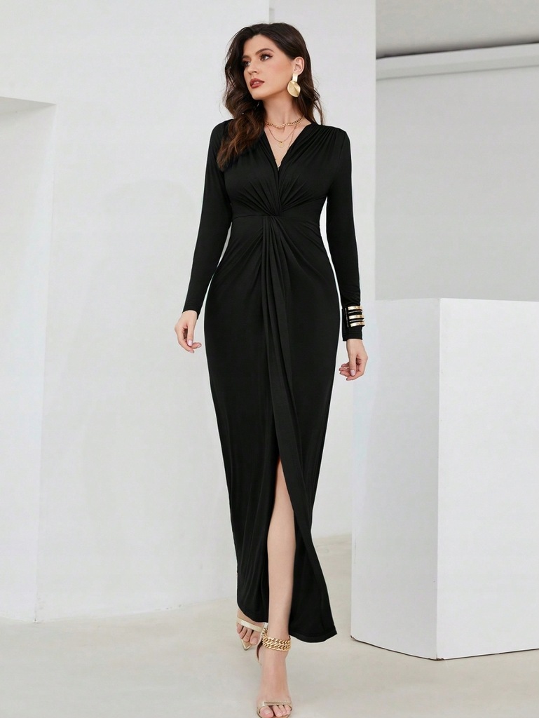 SHEIN SUKIENKA MIDI Z ROZCIĘCIEM MARSZCZONA CZARNA XL 906 - 16970085906 - oficjalne archiwum Allegro