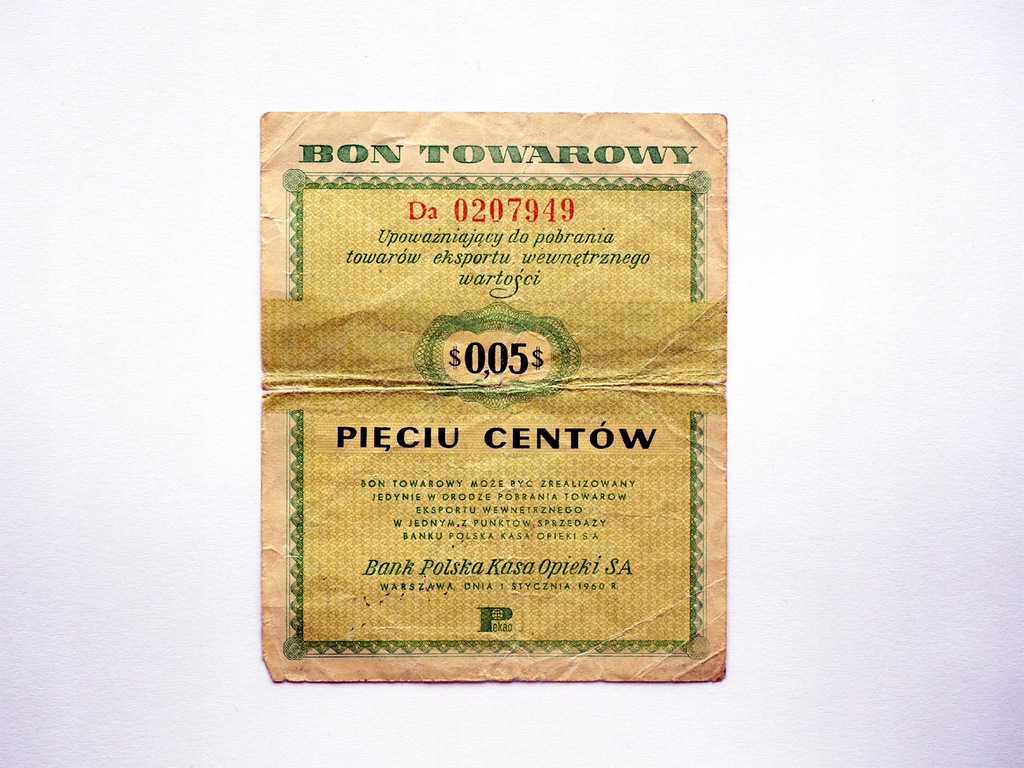 B058 Bon towarowy 5 Centów 1960 rok Pewex seria Da - 13491531450 ...