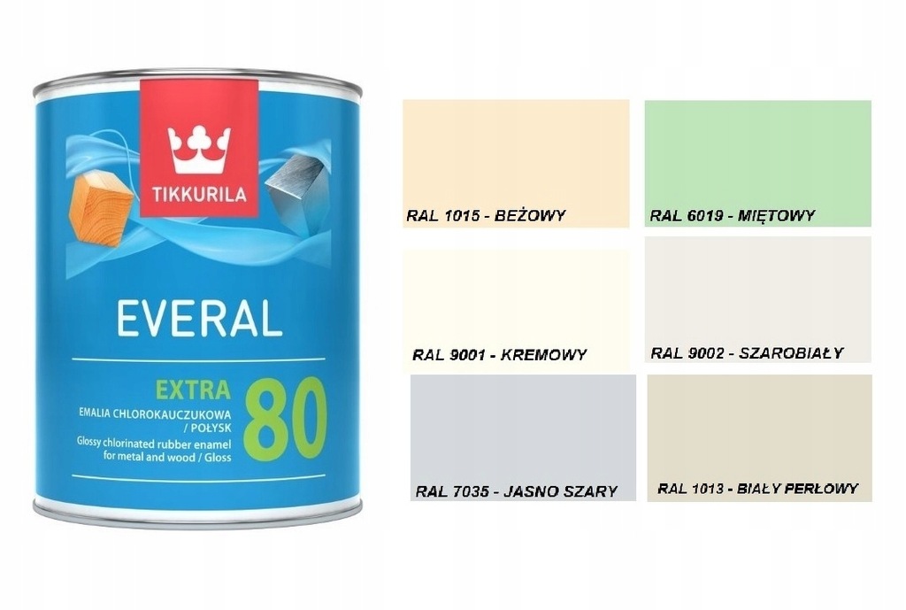 Farba chlorokauczukowa TIKKURILA Everal Extra 80 0,9l połyk kolory ...