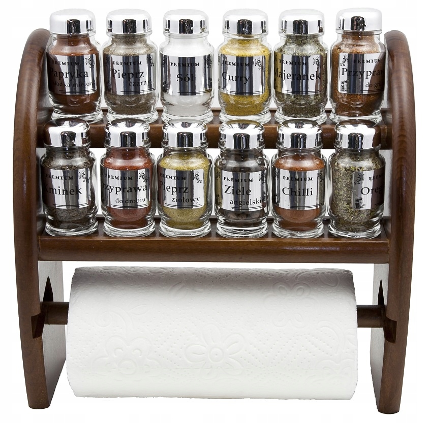 PÓŁKA STOJAK WIESZAK DREWNIANY SŁOIK PRZYPRAWNIKI z PRZYPRAWAMI RĘCZNIK ...