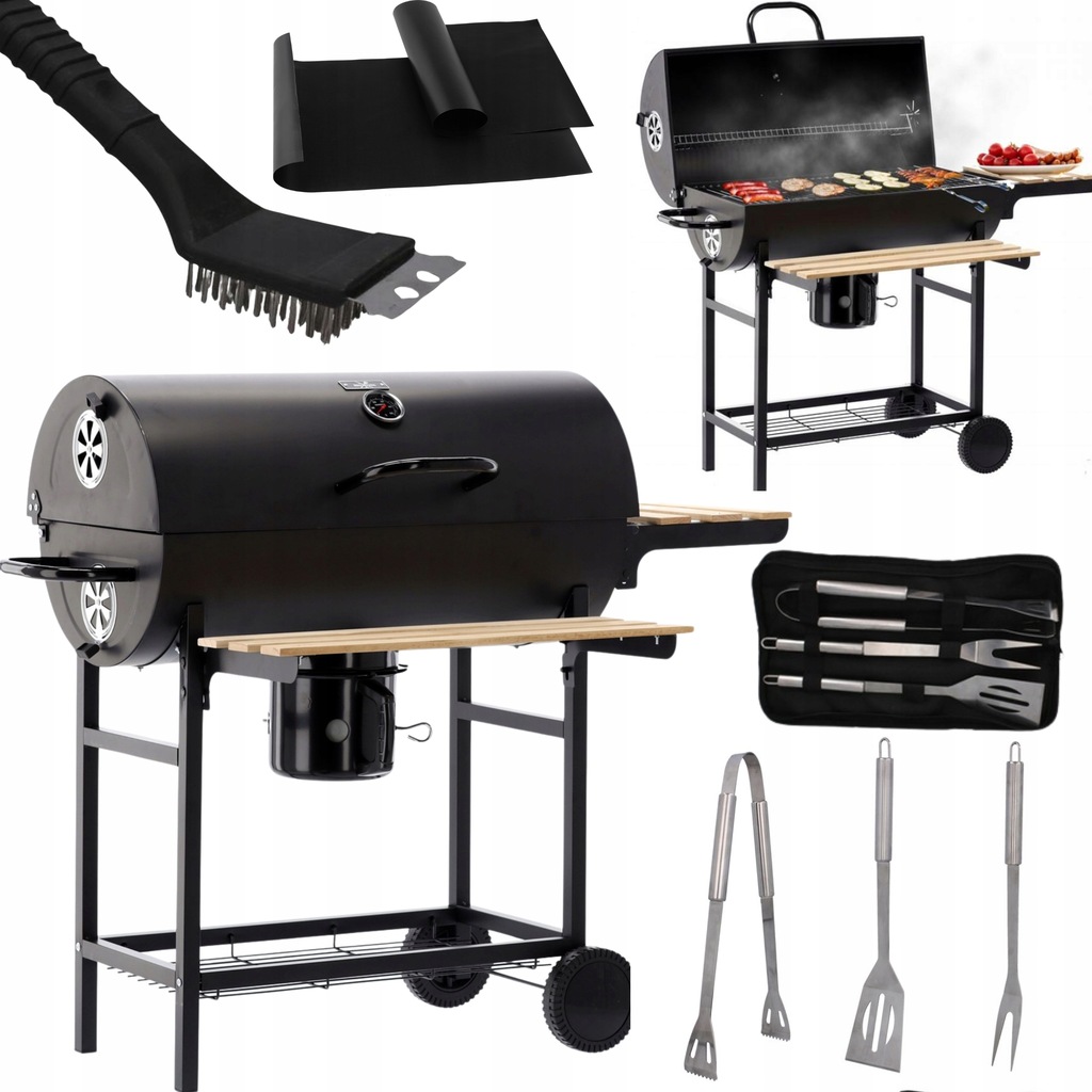 GRILL OGRODOWY GRIL WĘGLOWY + POKRYWA +PÓŁKI + KÓŁKA ZAMYKANY POPIELNIK ...