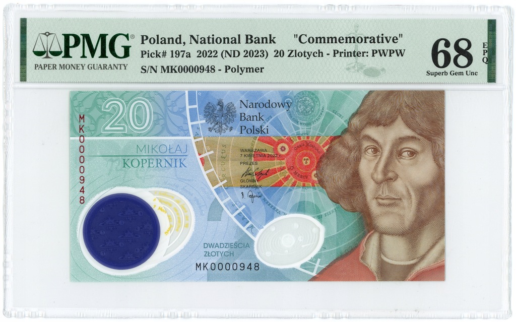 20 złotych 2022 - Mikołaj Kopernik - polimer, niska numeracja - PMG 68 EPQ - 14520161411 ...