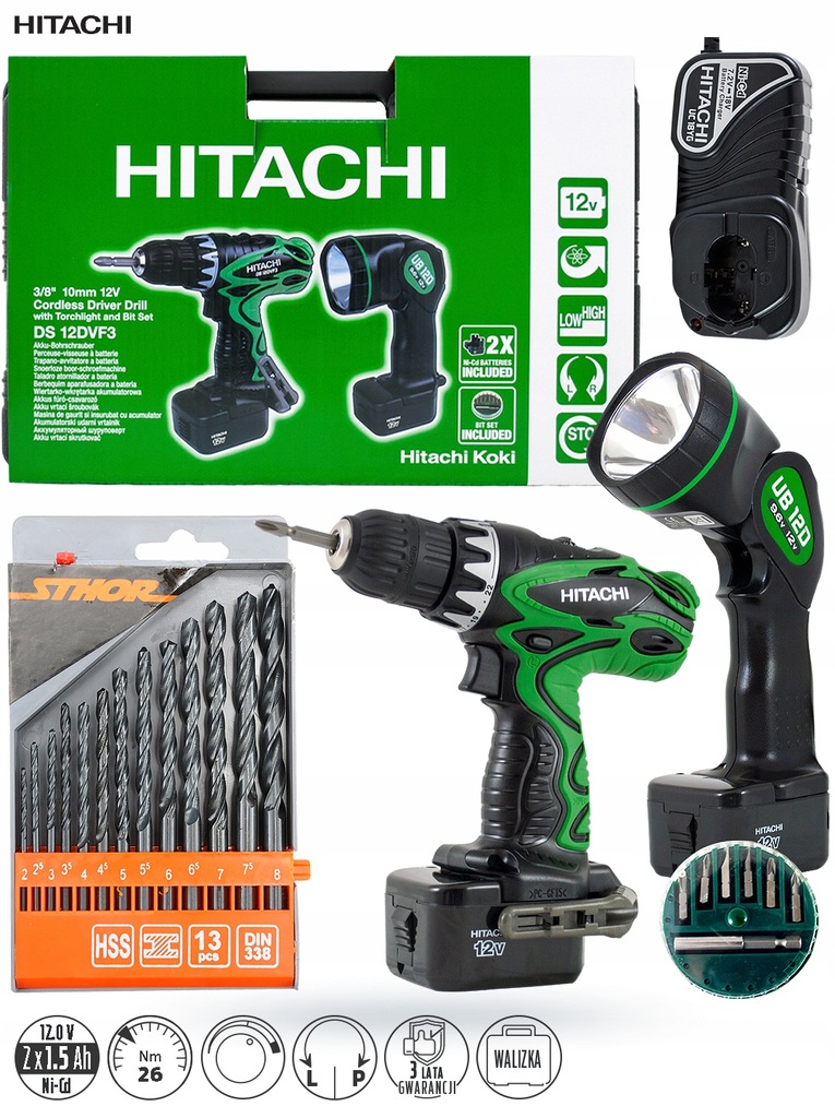 HITACHI WKRĘTARKA 12V 1akux1,5Ah DS12DVF3 +WIERTŁA - 6821107583 ...