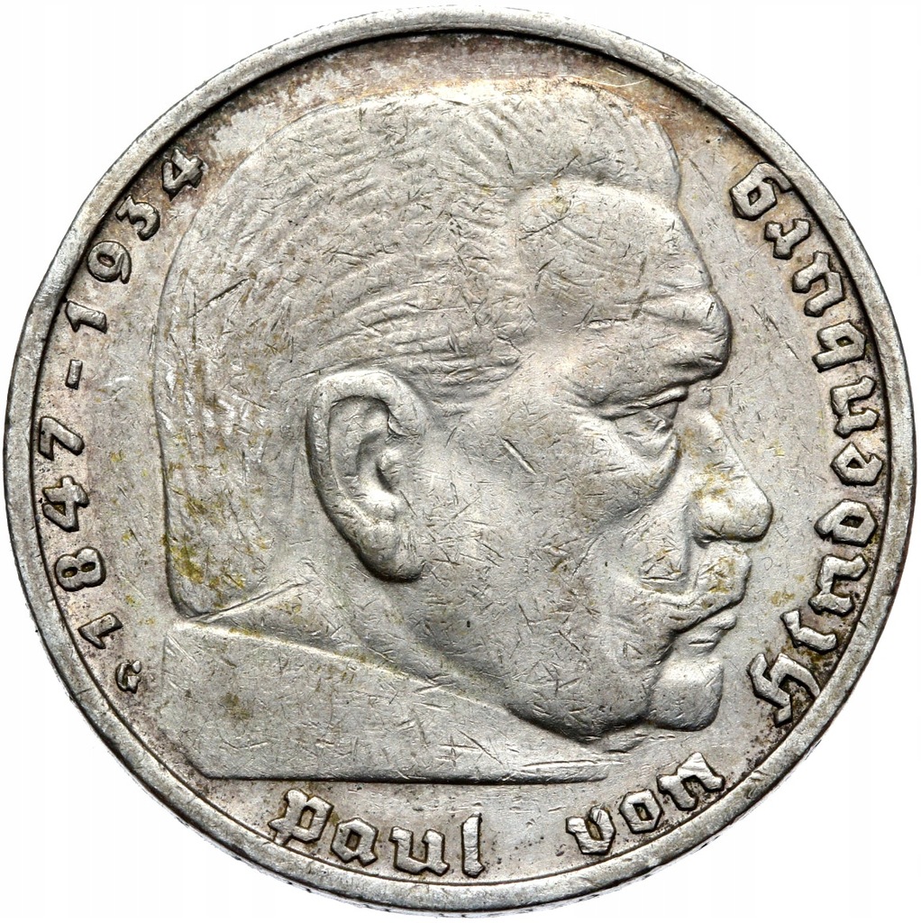 + Niemcy - III Rzesza - 5 Marek 1937 G - HINDENBURG SWASTYKA - Srebro ...