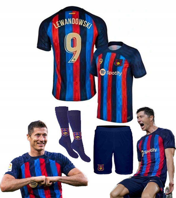 KOMPLET STRÓJ PIŁKARSKI GETRY LEWANDOWSKI BARCA'23 - 13695040030 ...