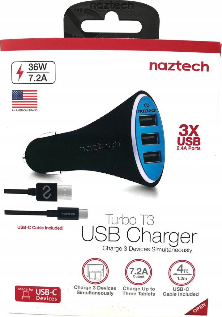 Naztech ładowarka Turbo T3 7.2A 36W kabel USB-C - 12091251808 ...