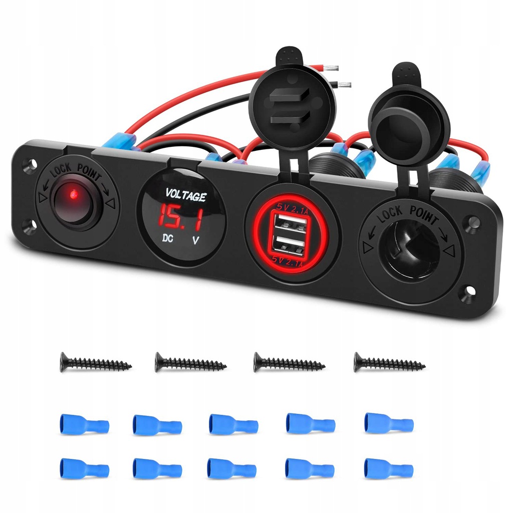 4-w-1 Gniazdo ładowarki Przełącznik panelu Woltomierz zapalniczki 2x USB - 15077192612 ...