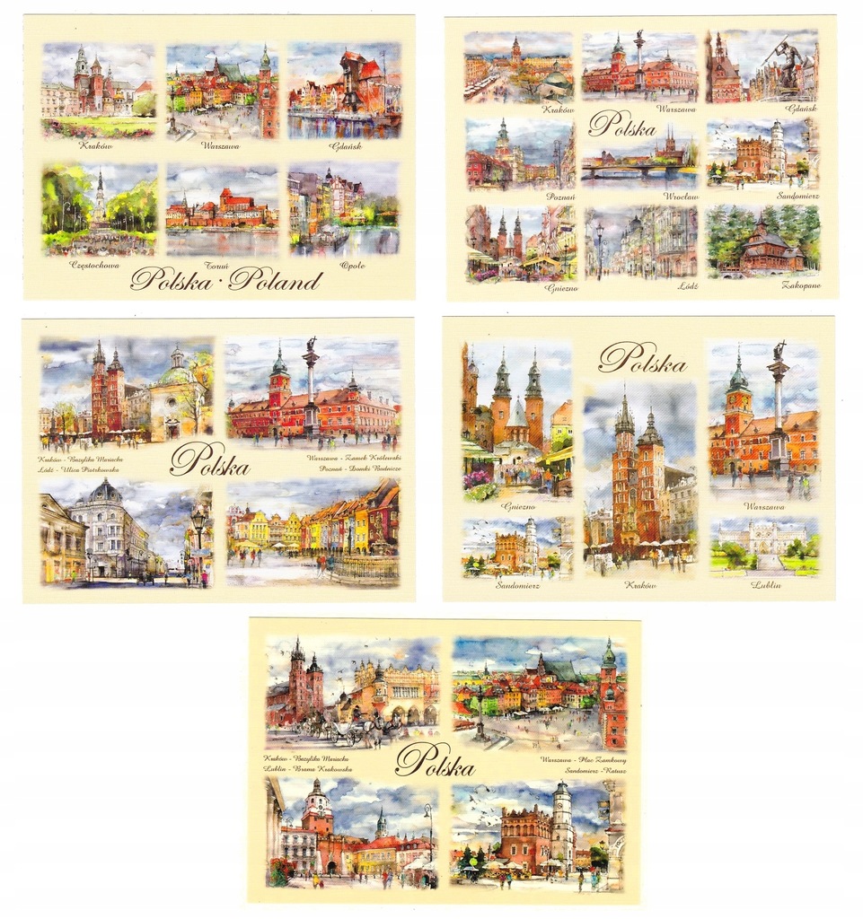 POLSKA zestaw pocztówek miasta akwarele 5 szt - 9130293004 - oficjalne ...