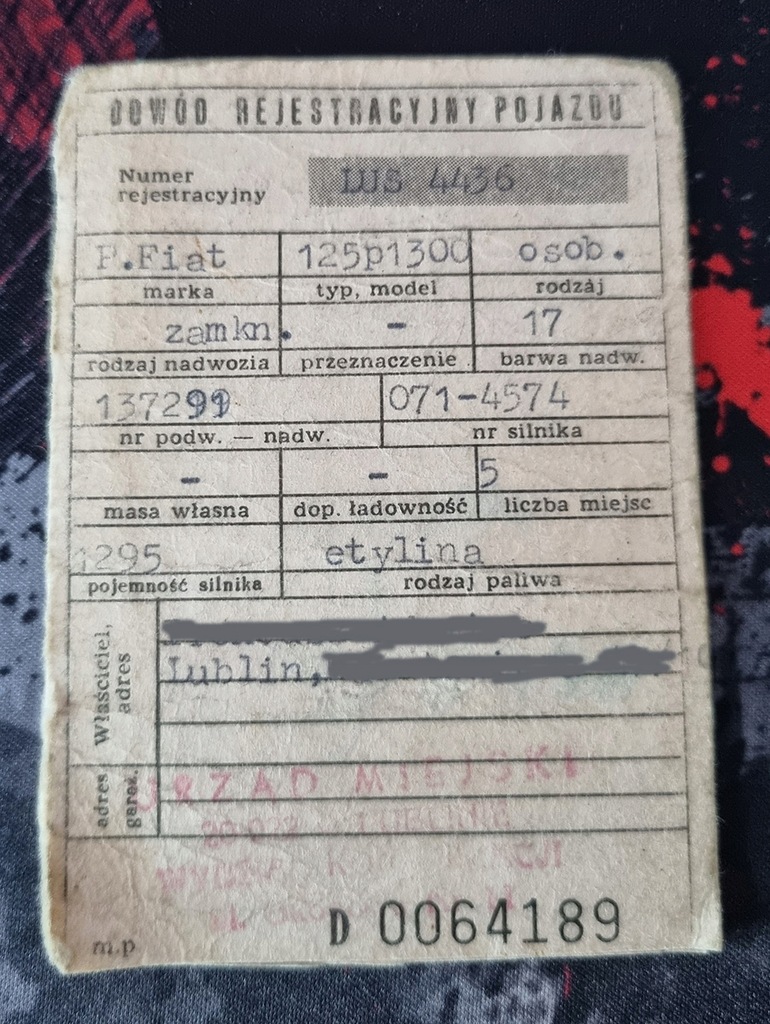 Dowód rejestracyjny Polski Fiat 125p 1300 1972r - 12900002027 ...
