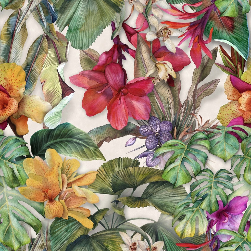 Tkanina egzotyczne kwiaty liście kolory 150cm - 12718834428 - oficjalne archiwum Allegro