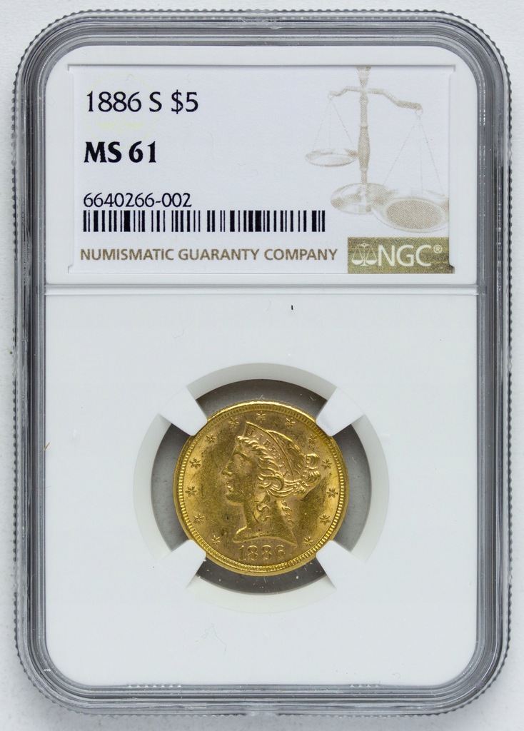 USA 5 dolarów 1886 S, Liberty Head, NGC MS61 - 14715205320 - oficjalne archiwum Allegro