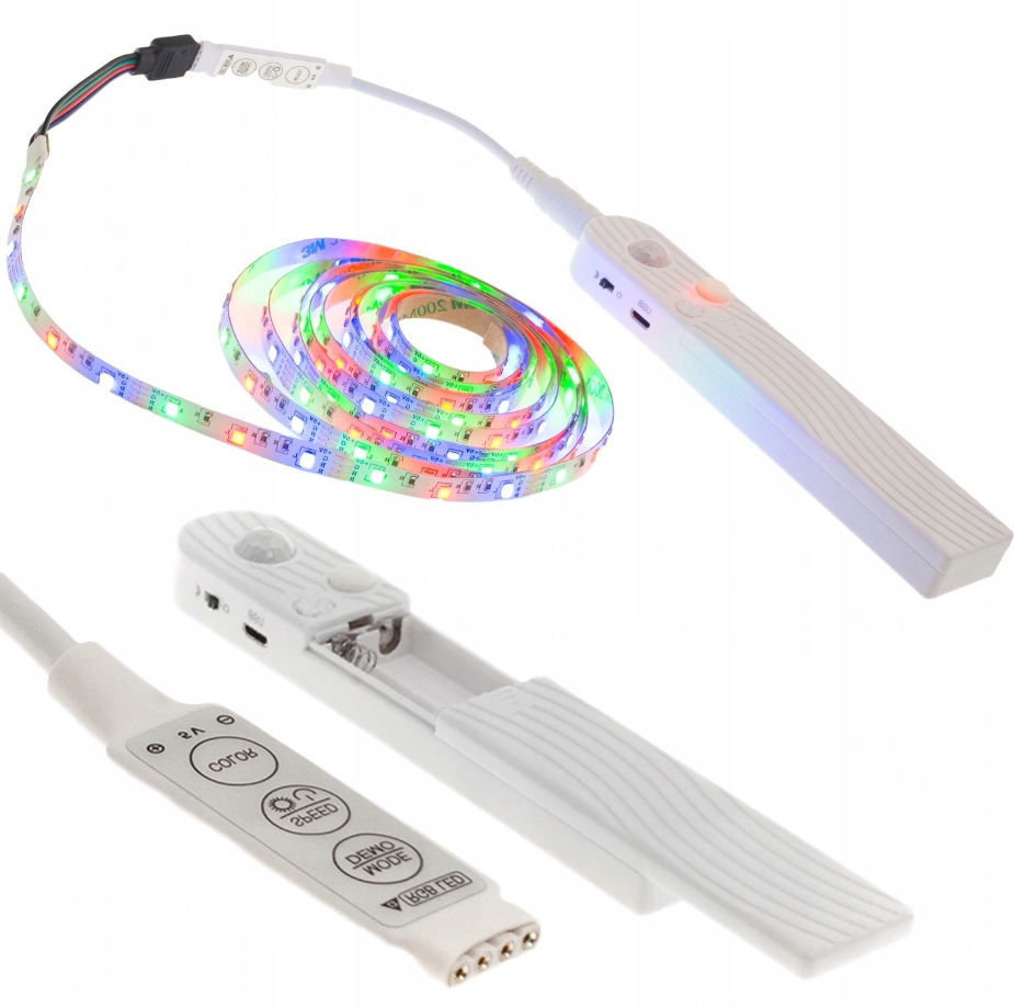 Taśma LED 2m RGB USB baterie CZUJNIK RUCHU do szaf - 12521013826 ...