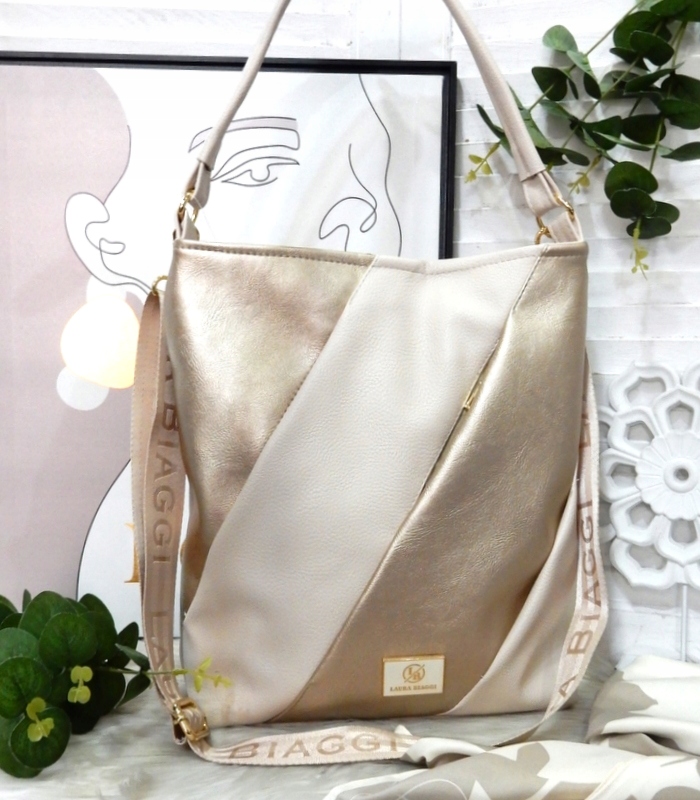 Torebka beżowa złota LAURA BIAGGI worek shopper A4 - 13519638590 - oficjalne archiwum Allegro