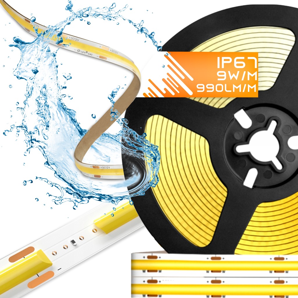 Taśma LED COB 12V IP67 5M Rolki NEON Pasek Linia Ciepła 9W wodoodporna ...