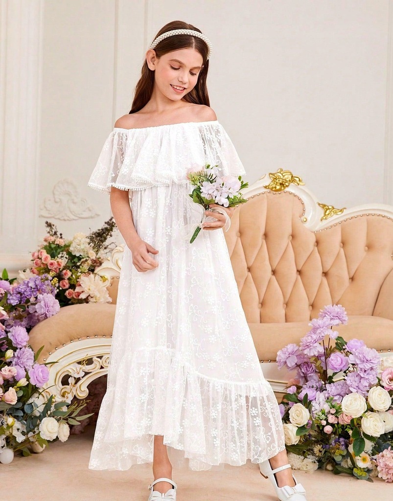 BIAŁA KORONKOWA DŁUGA ROZKLOSZOWANA SUKIENKA ODKRYTE RAMIONA SHEIN 140 - 15324564118 - oficjalne ...