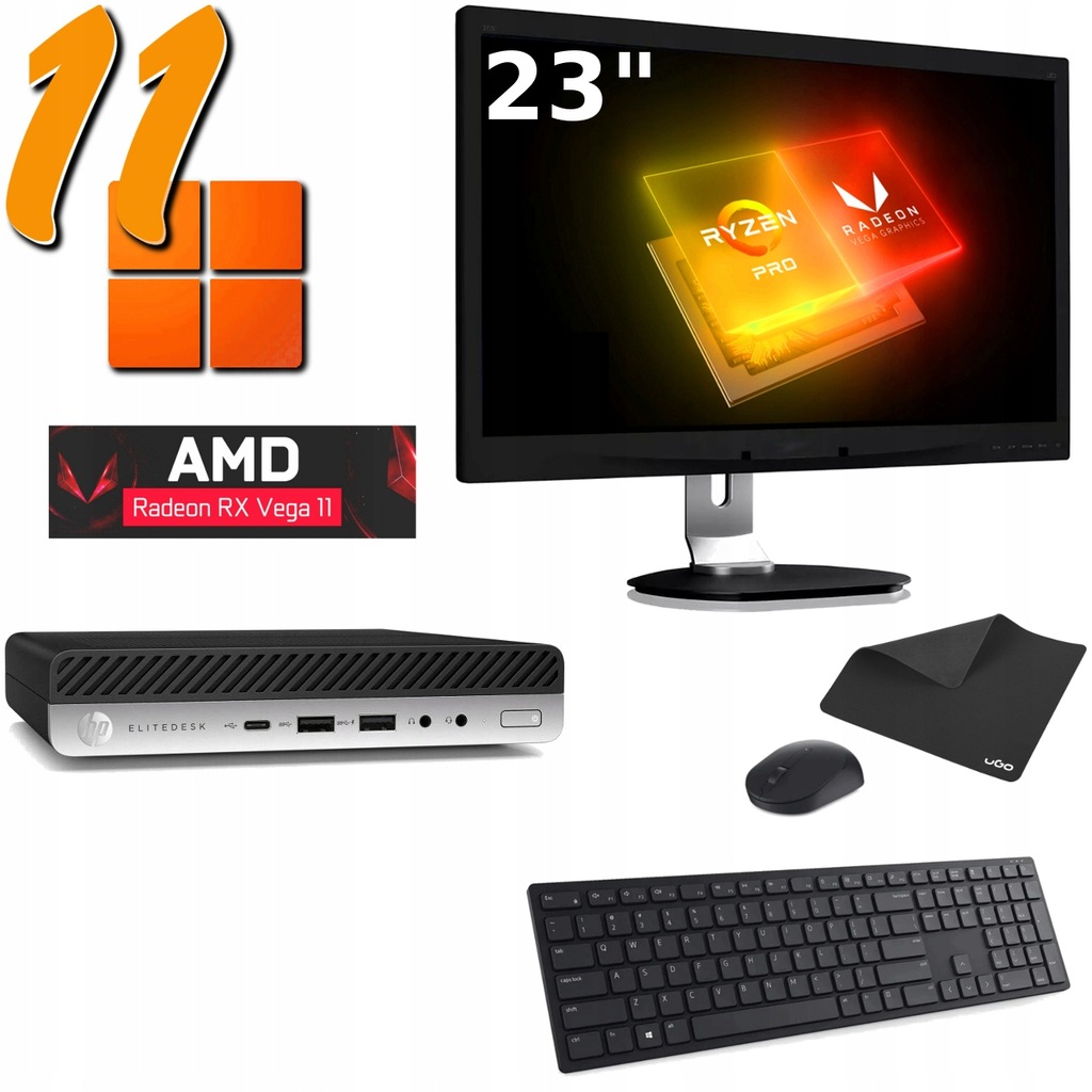 Mega zestaw PC monitor 23" KOMPUTER HP 705 G4 Ryzen 5 pro 32/120SSD w11 ...