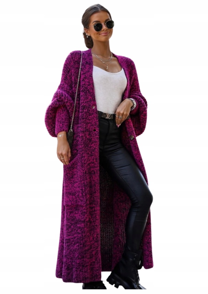 Długi sweter rozpinany melanż Cocomore amarantowy - 12541992165 ...