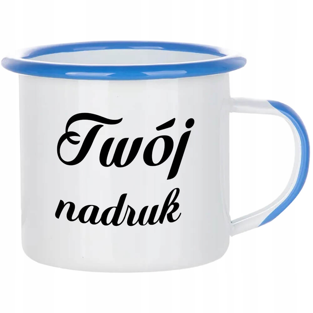 KUBEK METALOWY EMALIOWANY Z TWOIM NADRUKIEM - NIEBIESKI RANT I USZKO - PRL - 14687808089 ...