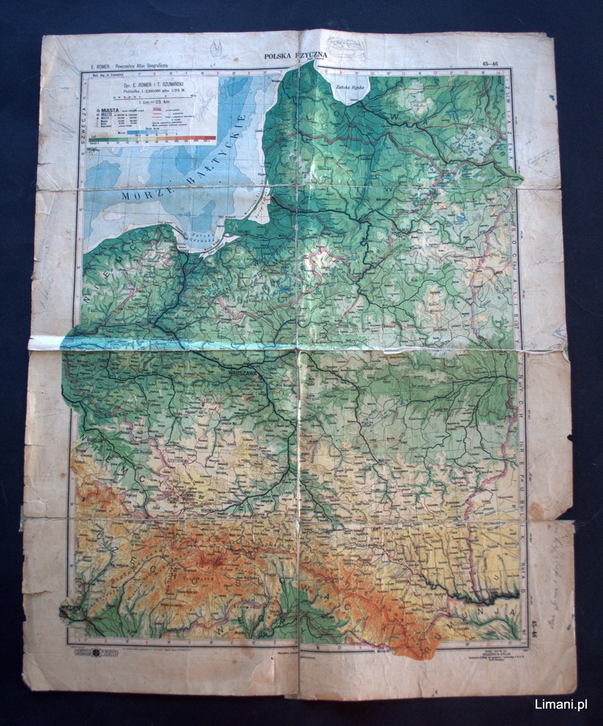POLSKA II RP MAPA FIZYCZNA 1932 ROMER SZUMAŃSKI - 12473952603 ...