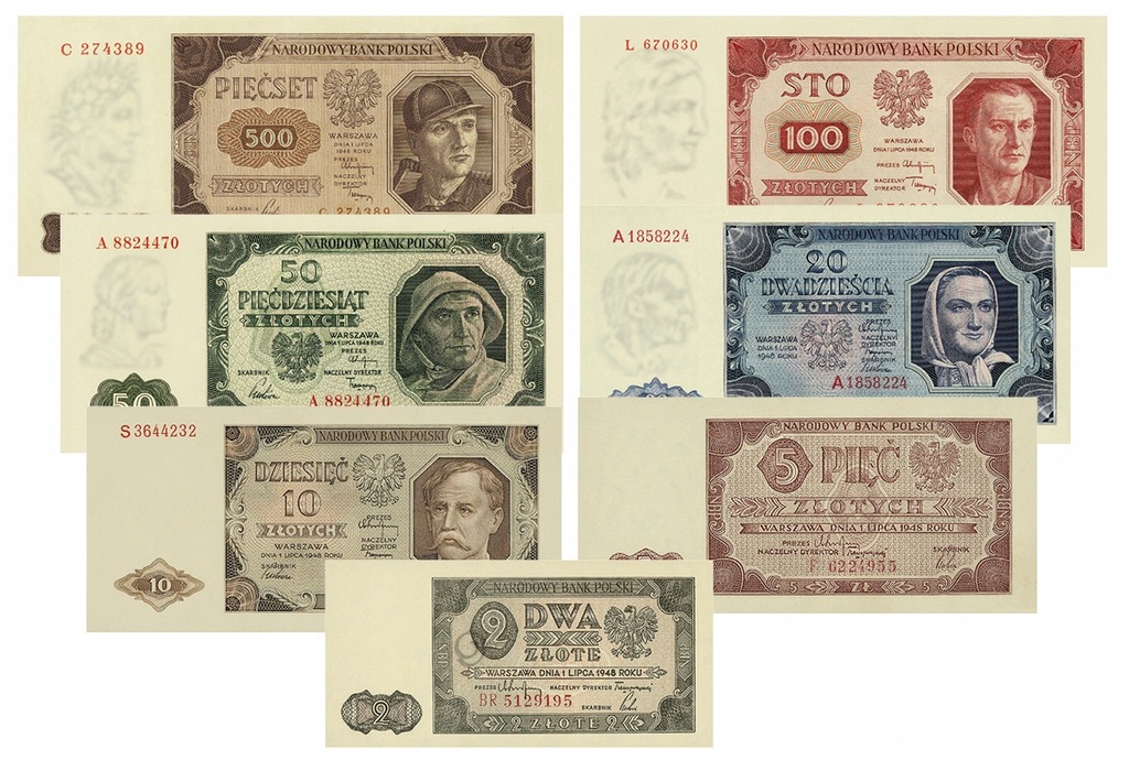 k43 . Zestaw banknoty PRL 2 -500zł 1948 repro UNC - 11815199002 ...