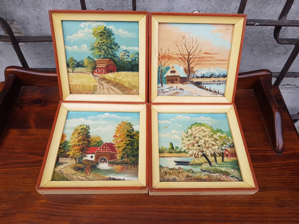 Stare obrazki olejne cztery pory roku podpisane komplet - 14596130052 ...