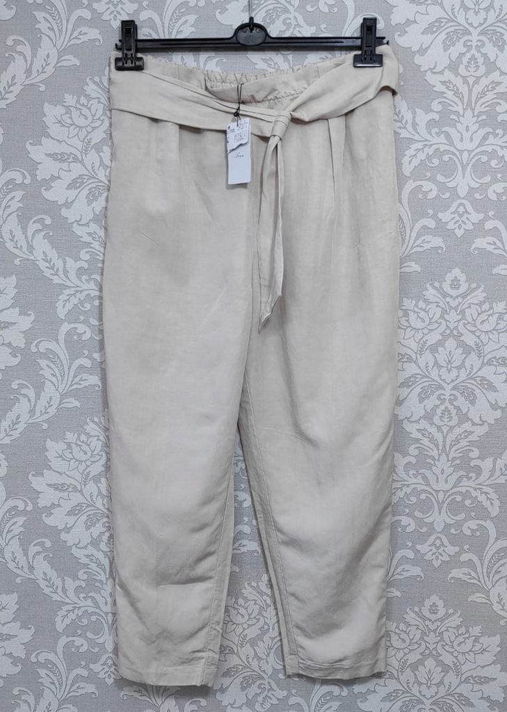 MANGO - BEŻOWE LEKKIE SPODNIE NA GUMIE Z LNEM -L - 12466340187 ...