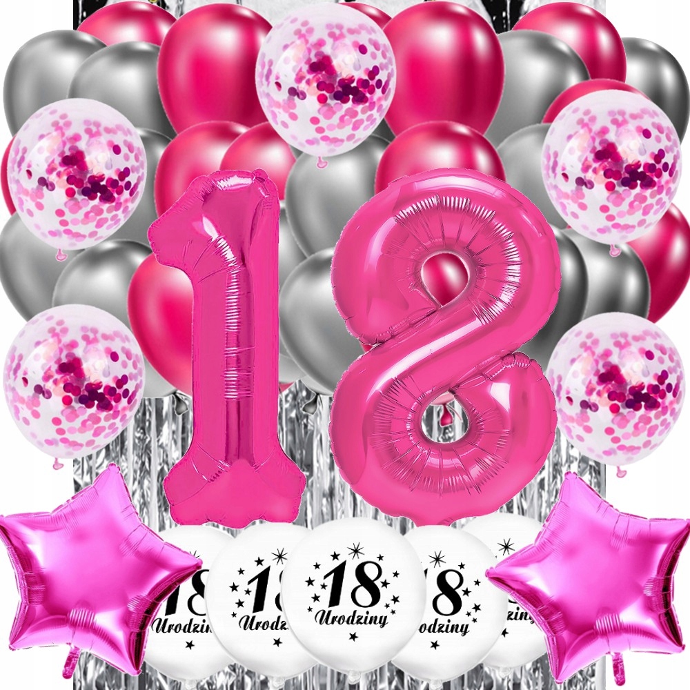 BALONY ZESTAW na 18 Urodziny OSIEMNASTKA FUKSJA kurtyna 100 cm - 11865662064 - oficjalne ...