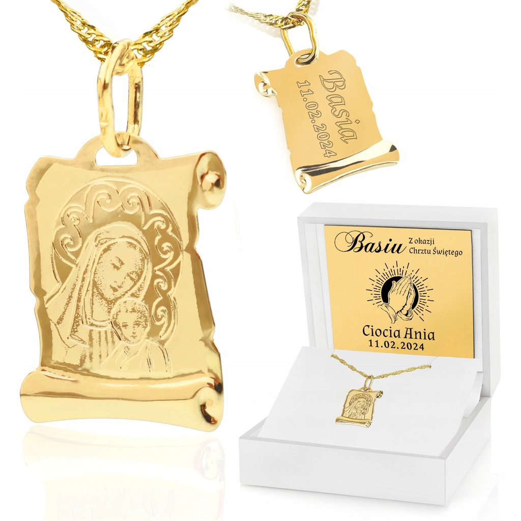 ZŁOTY MEDALIK 585 ŁAŃCUSZEK na CHRZEST + GRAWER Pamiątka Chrztu ...