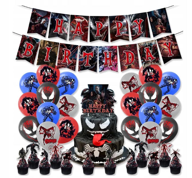 ZESTAW URODZINOWY VENOM SPIDER-MAN BANER ORAZ TOPPER NA TORT I BABECZKI ...