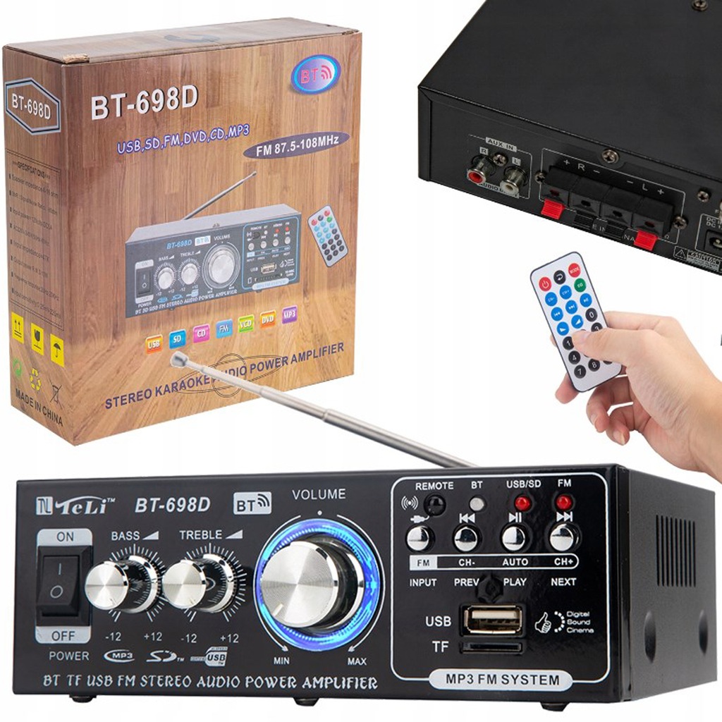 DOMOWY SAMOCHODOWY WZMACNIACZ BLUETOOTH BT-698D 2X 180W + PILOT 2 KANAŁOWY - 14801586208 ...