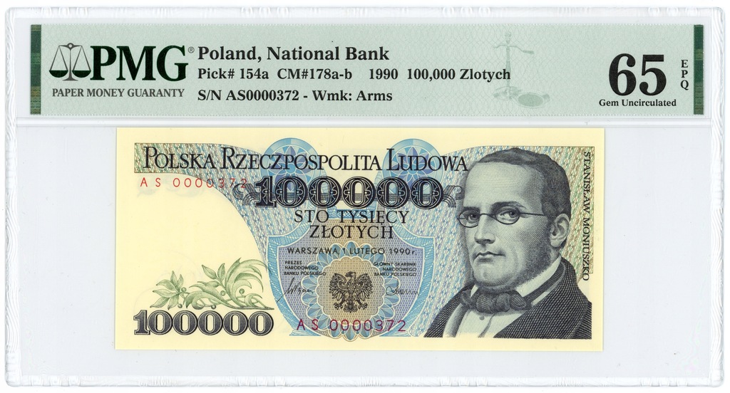 100.000 złotych 1990 - seria AS niska numeracja - PMG 65 EPQ ...