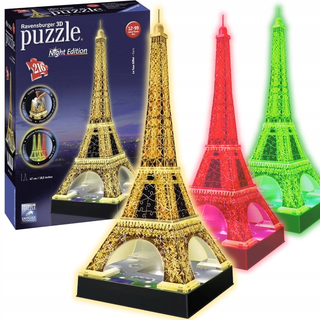 PUZZLE 3D WIEŻA EIFFLA NOCĄ 47 cm LED Ravensburger - 11515924052 ...