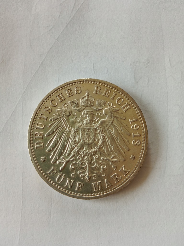 Moneta NIEMCY IMPERIUM 5 MARK FUNF MARK 1913 PRUSY KAISER KONIG ...