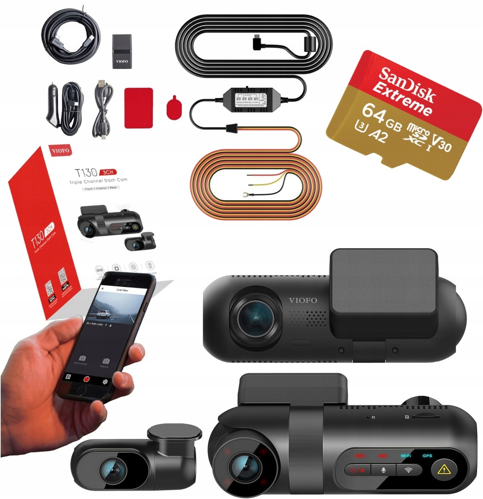 VIOFO T130 3CH-G REJESTRATOR 3 KAMERY + 64GB + ACC - 12567557108 ...