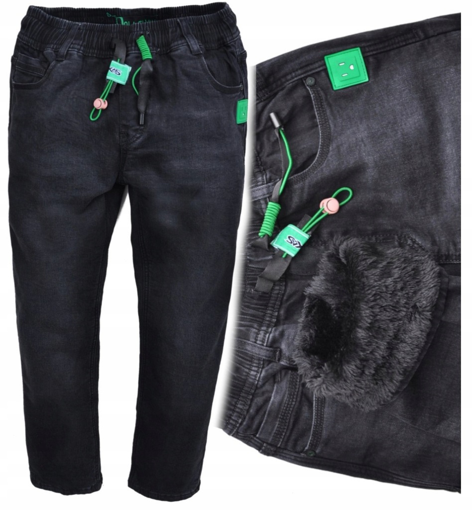 TELLO Spodnie Jeans GUMA ocieplane futerkiem GRUBE czarne r 170 ...