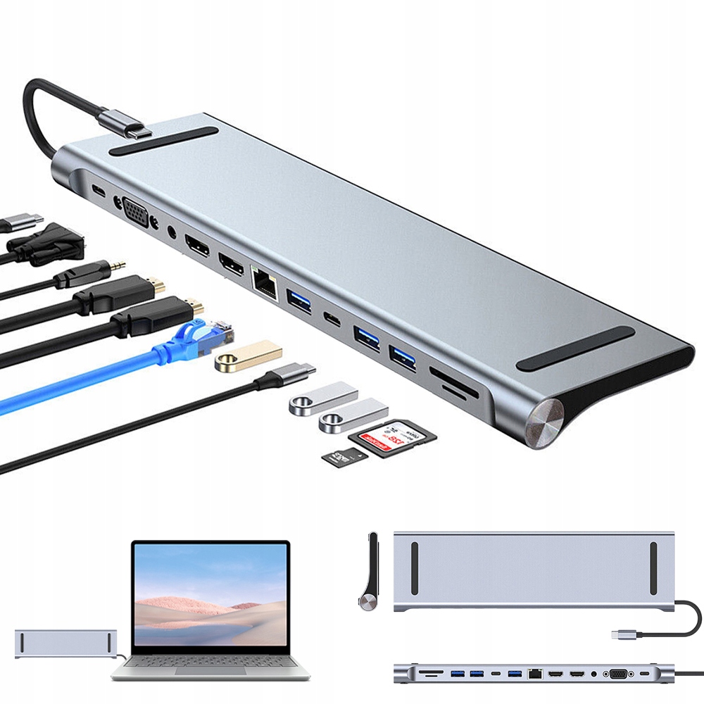 STACJA DOKUJĄCA HUB 12W1 USB TYPE-C HDMI 4K VGA SD 3,5 MM SZARY - 16431590264 - oficjalne ...