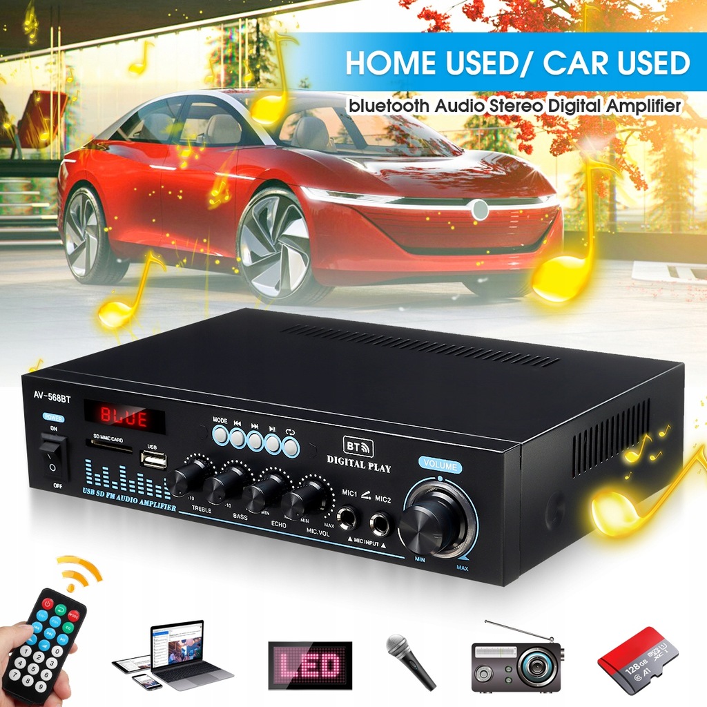 Wzmacniacz stereo BLUETOOTH AV-568BT samochodowy - 14500450939 - oficjalne archiwum Allegro