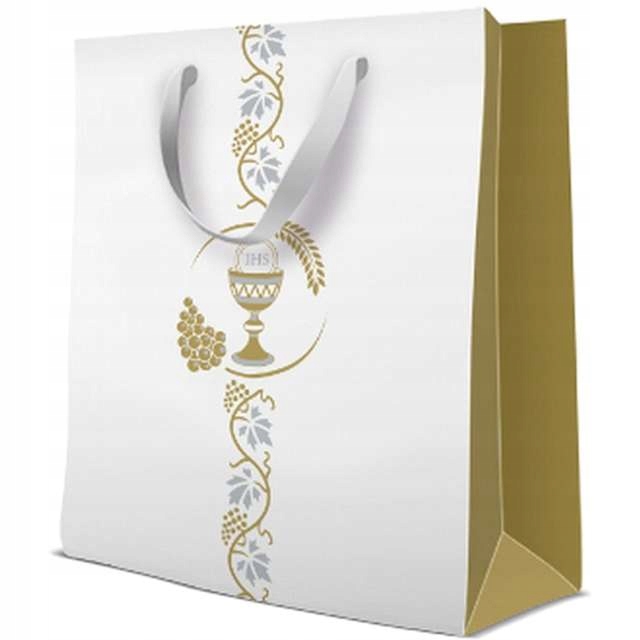 Torebka prezentowa PIERWSZA KOMUNIA ŚWIĘTA biało złota HOSTIA IHS XL - 15333906247 - oficjalne ...